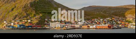 Panoramic view of the city and the port of Honningsvag, Norway, Europe ...