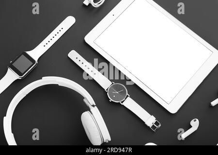 Set of different modern gadgets on black and white background Stock ...