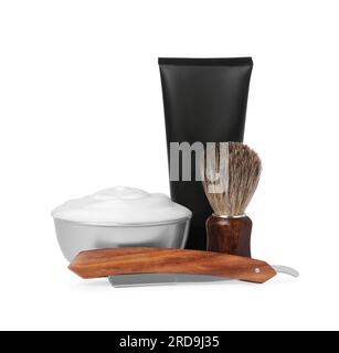 Set of men's shaving tools on wooden tray Stock Photo - Alamy