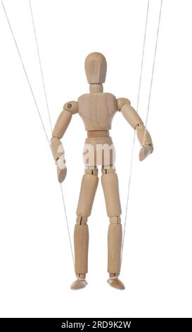 One wooden puppet with strings on white background Stock Photo - Alamy