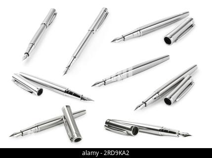 Collage with fountain pens on white background Stock Photo - Alamy
