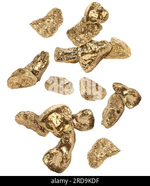 Many gold nuggets falling on white background Stock Photo - Alamy
