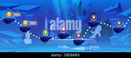 Underwater ocean game level map ui cartoon vector background. Deep ...