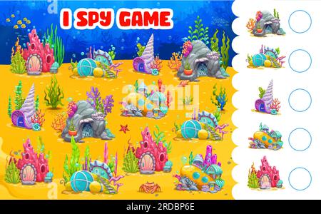 I spy game, cartoon underwater landscape with sea fairytale houses ...