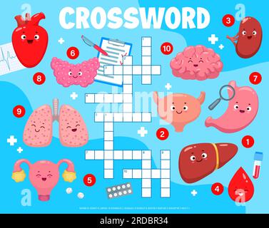 Crossword grid cartoon human organ characters, quiz game. Find a word ...