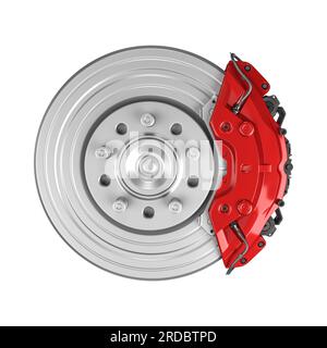 Car brake disc and red caliper isolated on white background. 3D ...