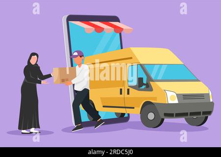 Graphic flat design drawing delivery box car comes out from big ...