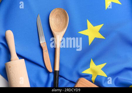 Flag of European Union with kitchen utensils on white background Stock ...