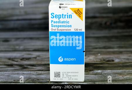 Cairo, Egypt, July 10 2023: Septrin 40mg 200mg per 5ml Paediatric ...