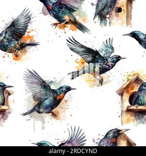 Seamless pattern of flying starlings silhouette. Vector illustration ...