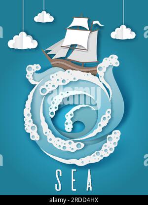 Origami boat sailing in blue ocean , paper art style. Vector ...