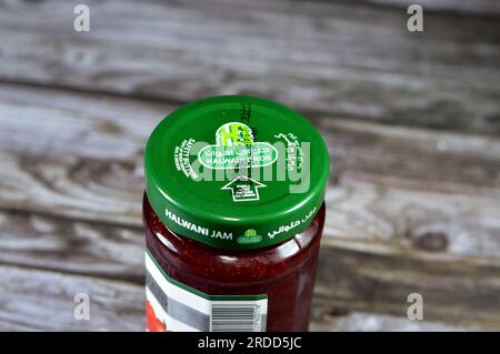 Cairo, Egypt, July 9 2023: Halwani Bros strawberry jam Haalwani bottle ...