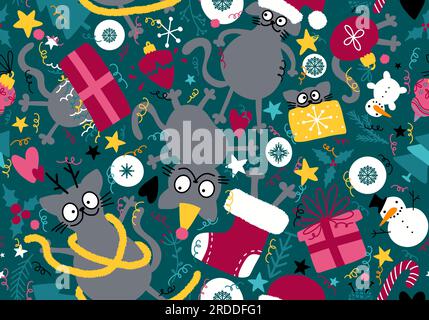 Cartoon funny cats seamless Christmas tree pattern for wrapping paper ...