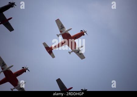 Korean KAI KT-1 Woongbi aircraft of the Peruvian Air Force fly over the ...