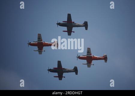 Korean KAI KT-1 Woongbi aircraft of the Peruvian Air Force fly over the ...