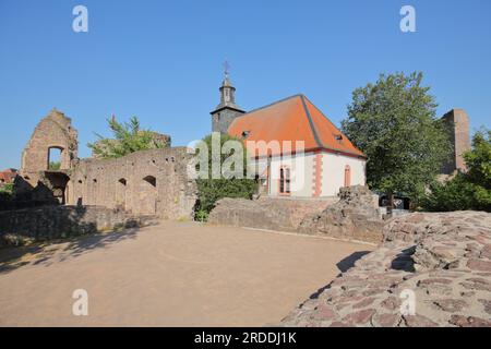 Romanesque palace of Hayn Castle and church tower, ruin, Dreieichenhain ...