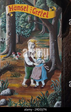 Fairy tale characters Hansel and Gretel at the half-timbered house in ...