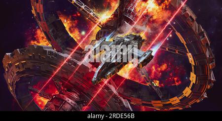 Scifi spaceship flying past a massive futuristic derelict space station ...