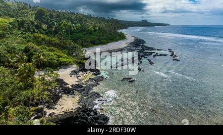 Aerial of the volcanic south coast, Taveuni, Fiji, South Pacific ...