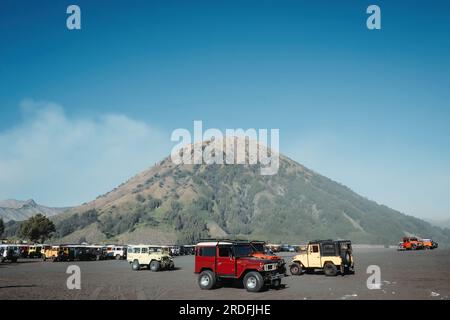 A lot of off-road vehicles or full-sized SUVs are parked in the desert ...