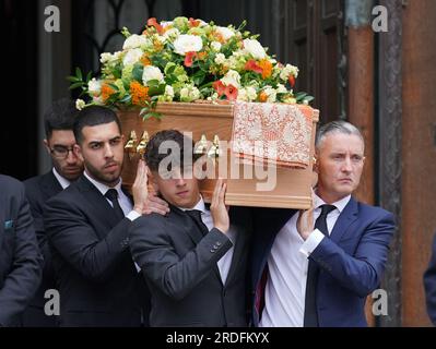 The coffin of Grace O'Malley-Kumar is carried from her funeral at ...