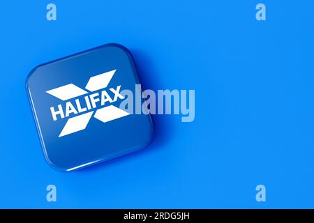 LONDON, UK - July 2023: Halifax bank blue and white company logo. 3D ...