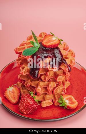 Close-up, Belgian waffles with fruits, covered with chocolate Stock ...