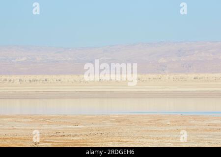Barren landscape around The Dead Sea, the West Bank in the distance ...