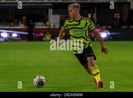 Arsenal forward Leandro Trossard (19) scores a GOAL 1-2 and celebrates ...