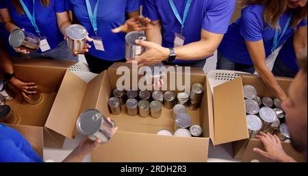 Food Bank Humanitarian Aid In Donation Boxes. Volunteer Community Stock ...