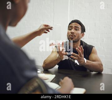 Criminal man in interrogation room refuse to admit crime Stock Photo ...