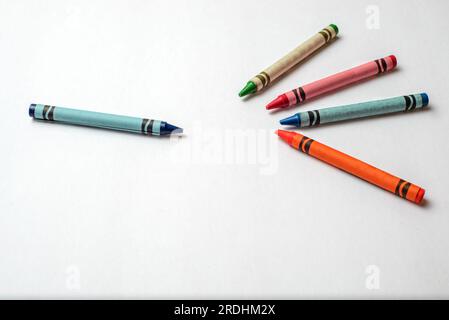 Group multicolored crayons messy and isolated on white background ...