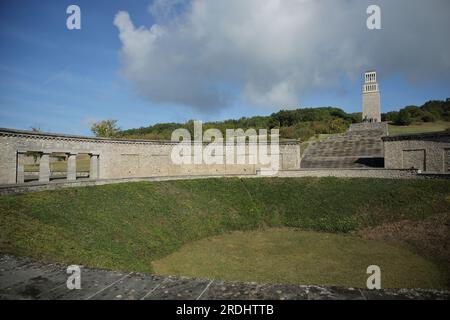 Bell tower and memorial to the Nazi era and concentration camp, beech ...