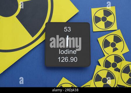 Card with chemical element Iodine and radiation signs on light blue ...