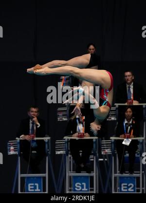 Zhu Zifeng and Lin Shan of China compete in the mixed diving 3m synchro ...