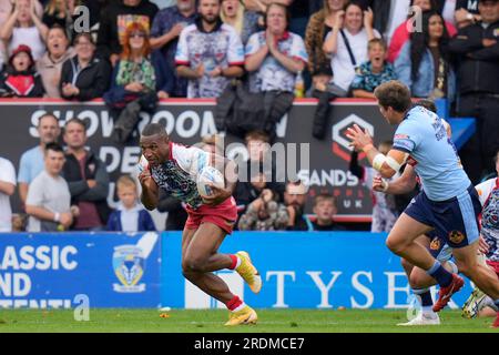 Edwin Ipape #9 of Leigh Leopards lifts the BetFred Challenge Cup trophy ...