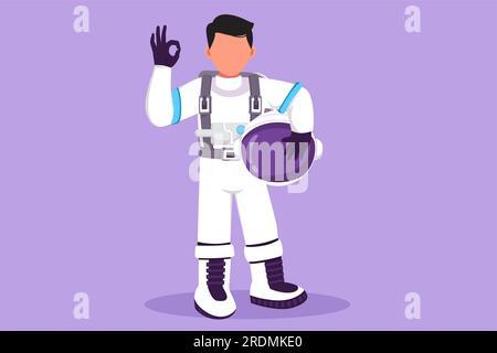Cartoon flat style drawing astronaut standing with celebrate gesture ...