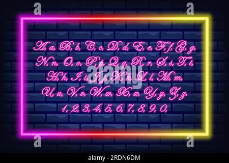 Neon English handwritten alphabet. Retro font. Upper and lower case ...