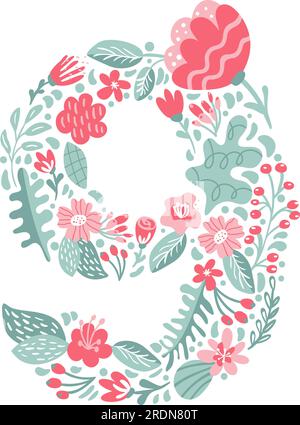 number nine of hand drawn flowers. Floral numerals. Vector illustration ...