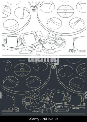Stylized vector illustrations of tape drive mechanism of reel-to-reel ...
