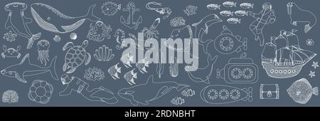 Vector ocean mega set with whale,turtle,jellyfish,shark,crab,octopus ...