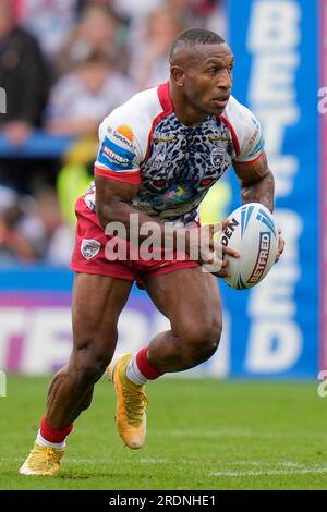Edwin Ipape #9 of Leigh Leopards lifts the BetFred Challenge Cup trophy ...