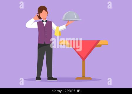 Cartoon flat style drawing of waitress holding tray of delicious meals ...