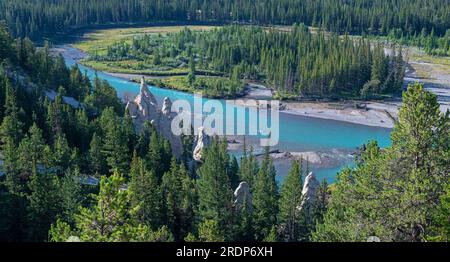 Bow river and hoodoo rock formations at Surprise Corner, Banff national ...