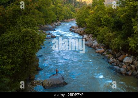 Landscape with rivers and mountains. Tons River tributary of the Yamuna ...