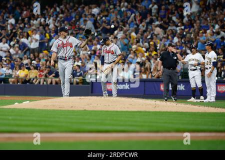 Milwaukee Brewers' Sal Frelick looks on during a baseball game against ...
