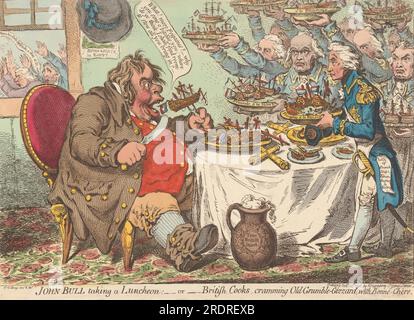 Cartoon, John Bull taking a Luncheon, or, British Cooks cramming Old ...