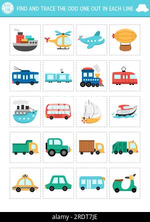 Transportation seek and find game with traditional symbols. Attention ...