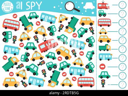 Vector transportation searching game with city landscape, rails, trains ...