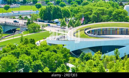 Aerial people exploring the National Veterans Memorial and Museum Stock ...